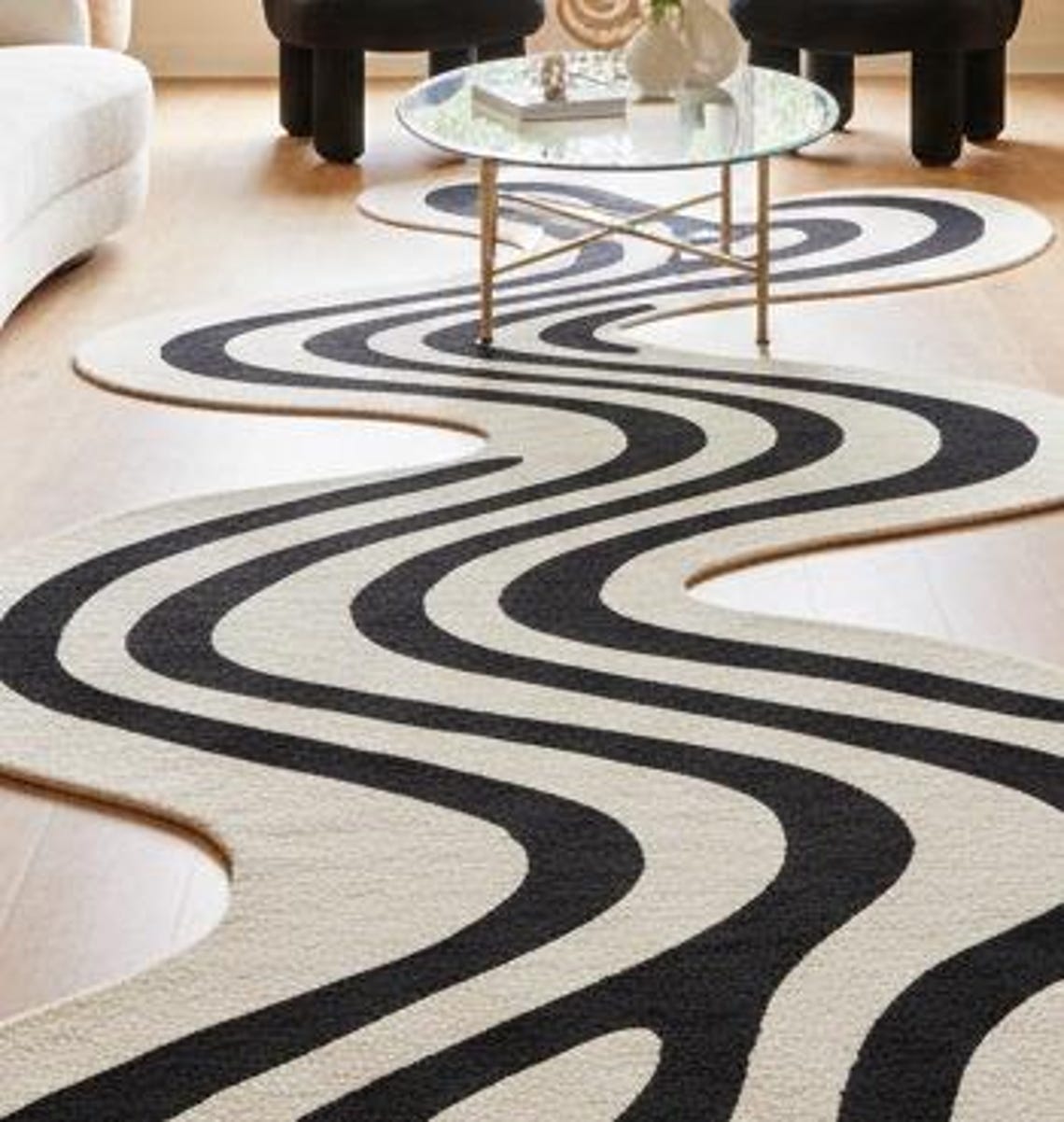 Wavy Flow Abstract Designer Runner Rug | Modern Wavy Abstract Black ...