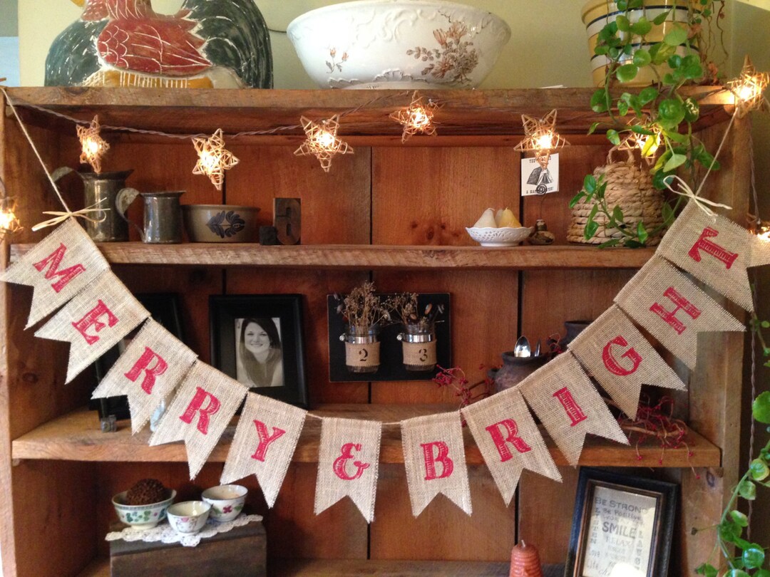 Burlap Christmas Banner, Merry & Bright Bunting, Christmas Banner, Red ...