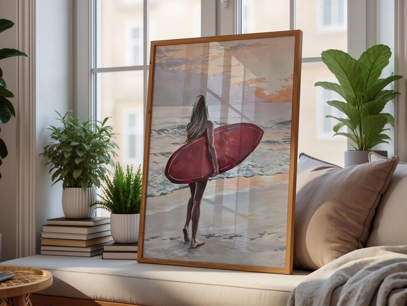 Surfer Girl Sunset Print, Coastal Watercolor Beach Wall Art - Etsy