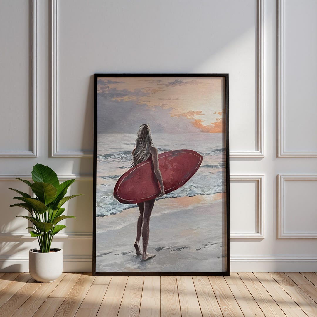 Surfer Girl Sunset Print, Coastal Watercolor Beach Wall Art - Etsy