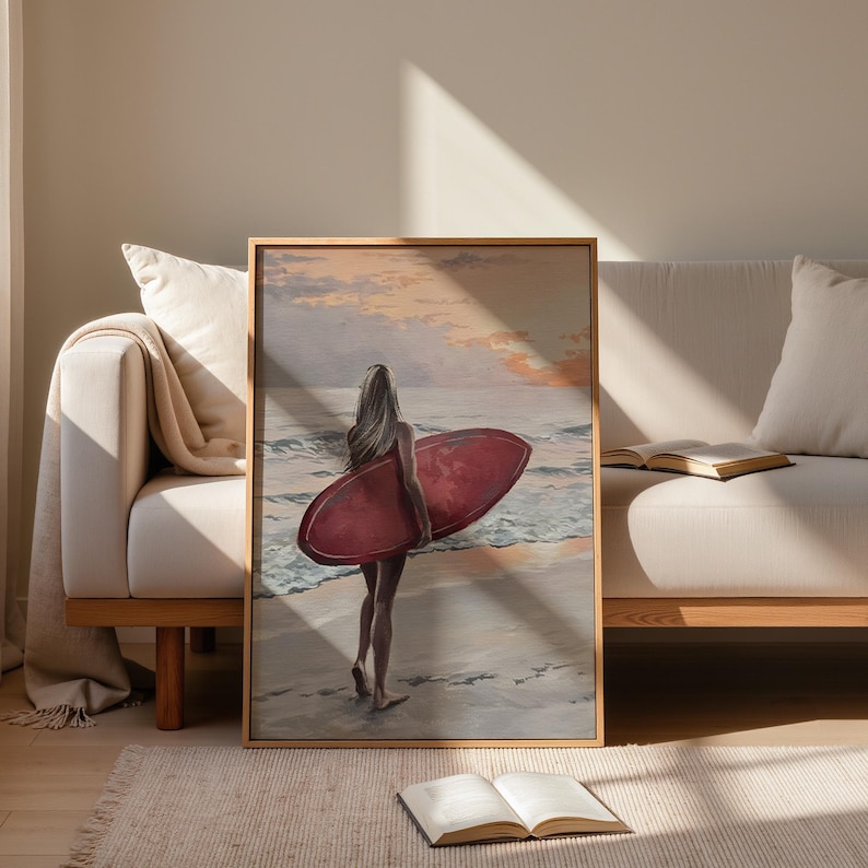 Surfer Girl Sunset Print, Coastal Watercolor Beach Wall Art - Etsy