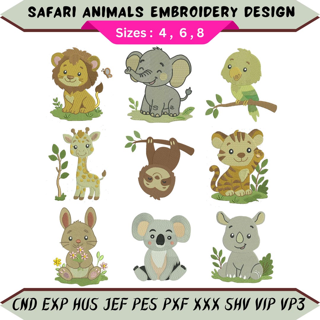 Cute Jungle Safari Animals Embroidery Design Bundle, Baby Animal ...