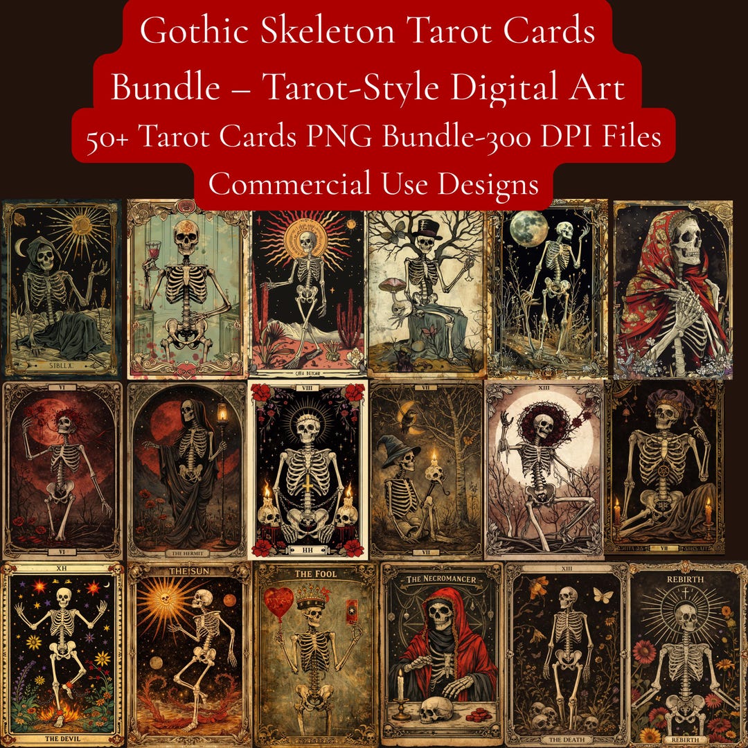 Skeleton Tarot Cards PNG Bundle, Digital Tarot Cards Art, Gothic Tarot ...