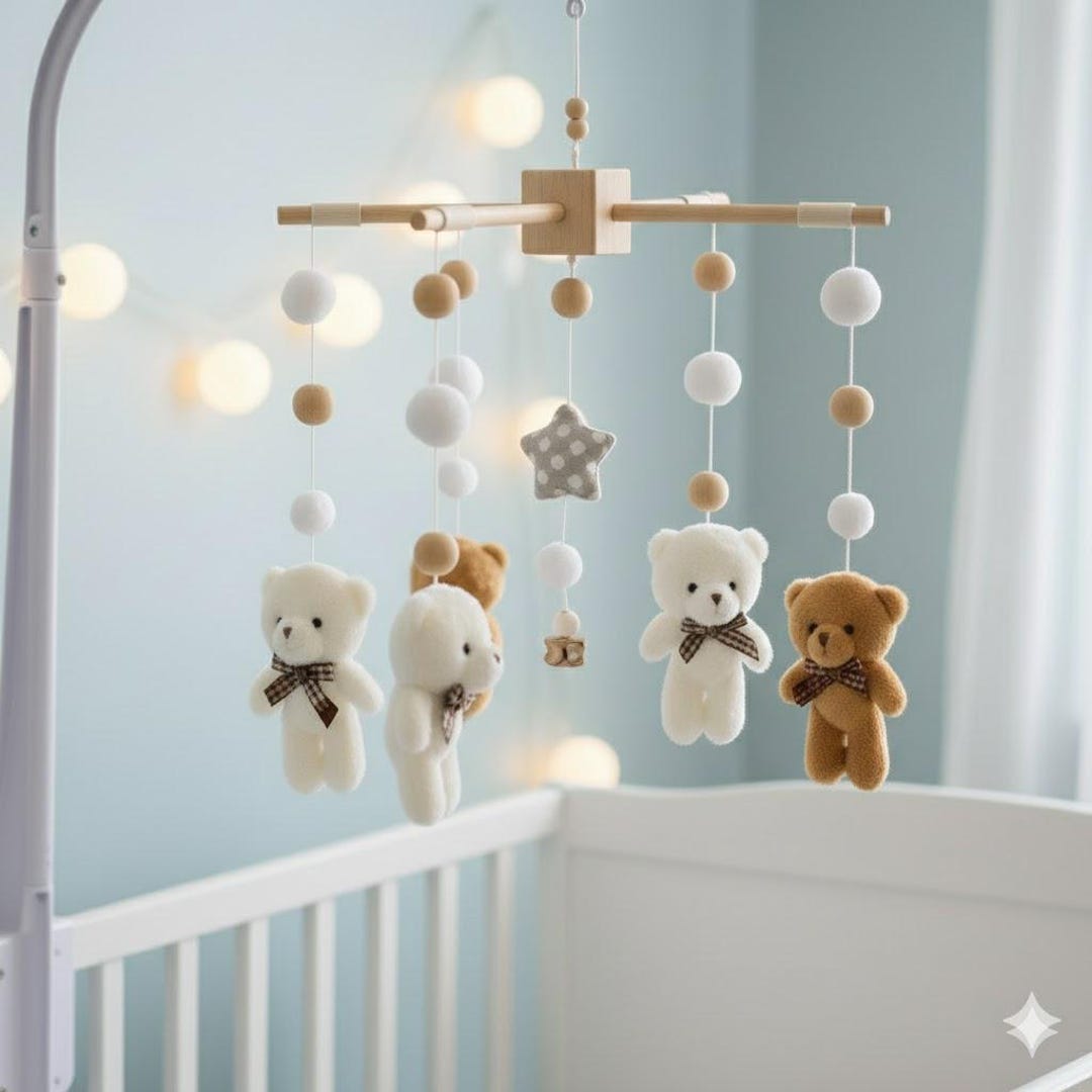 Handmade Teddy Bear Baby Mobile With Wooden Bracket | Neutral Nursery ...