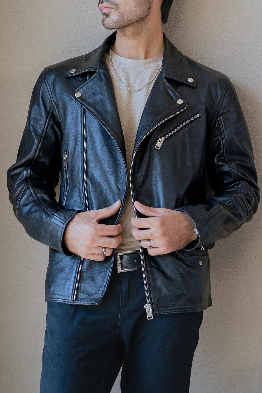 Black Leather Outlaw Style Biker Jacket , Genuine Cowhide Perfecto ...