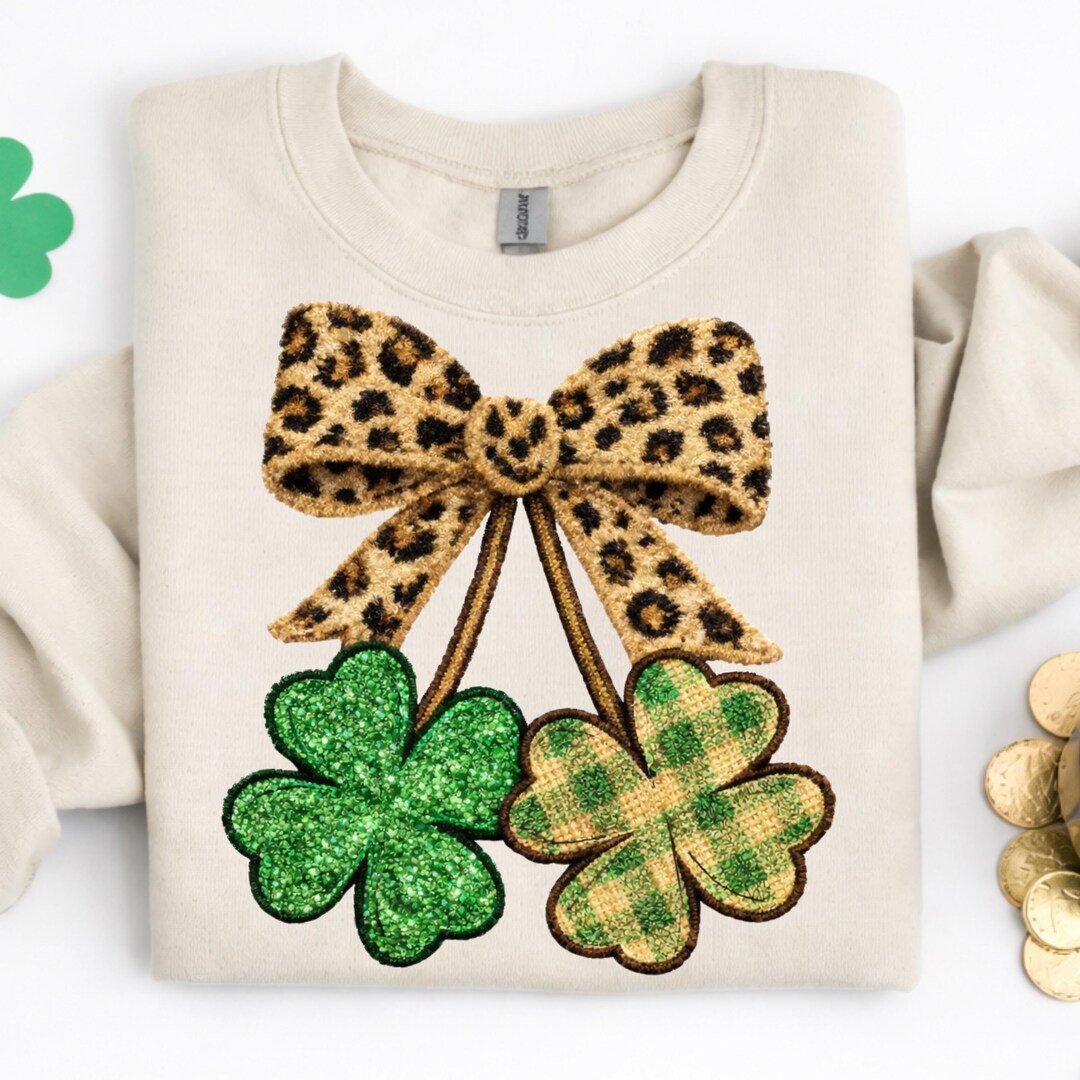 St Patrick Bow Shamrock PNG, Leopard Bow Clover Embroidery Style, Lucky ...
