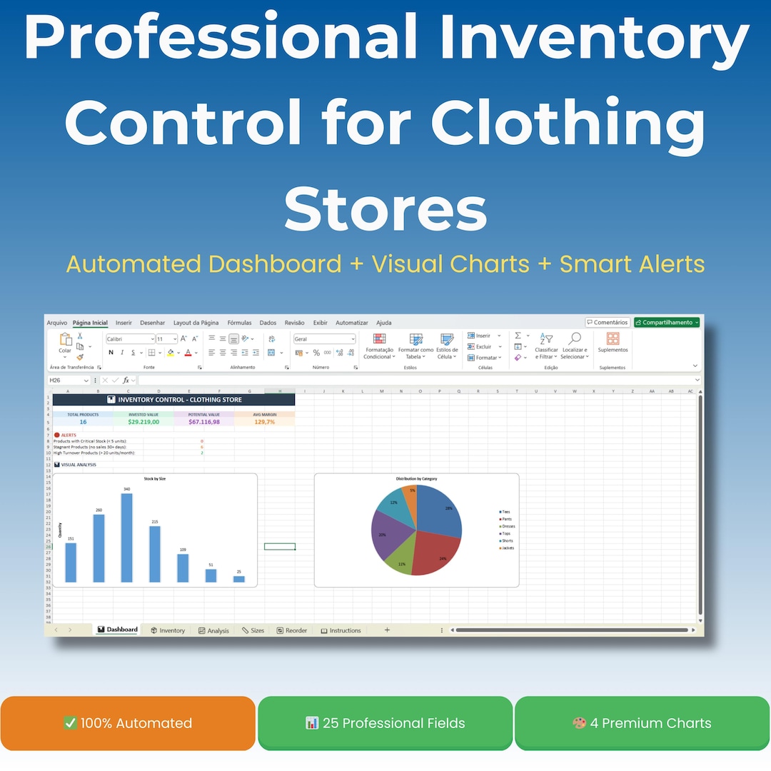 Clothing Inventory Spreadsheet | Dashboard Charts | Size Grid XS-XXL ...