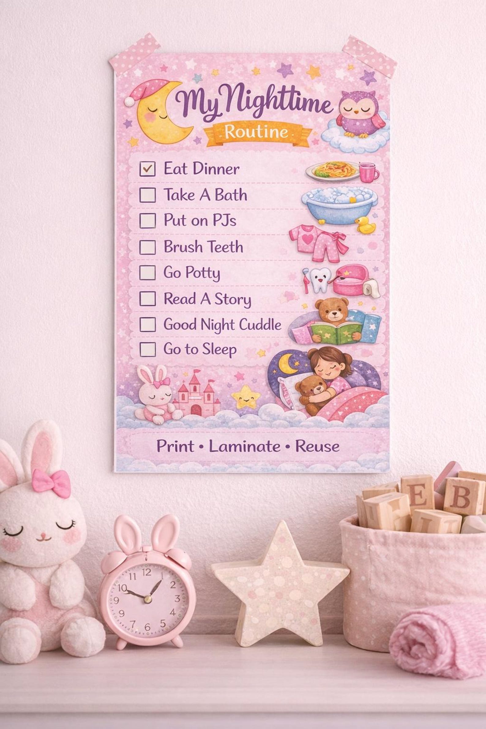 Toddler Bedtime Routine Chart for Girls | Bedtime Routine Checklist ...