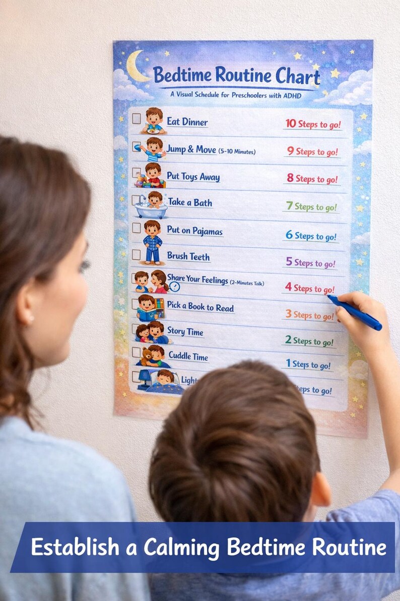 ADHD Bedtime Routine Chart for Preschoolers | Visual Schedule Printable ...