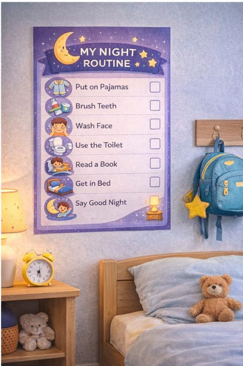 Kids Bedtime Routine Chart | Toddler Nightly Checklist (age 2-6 ...