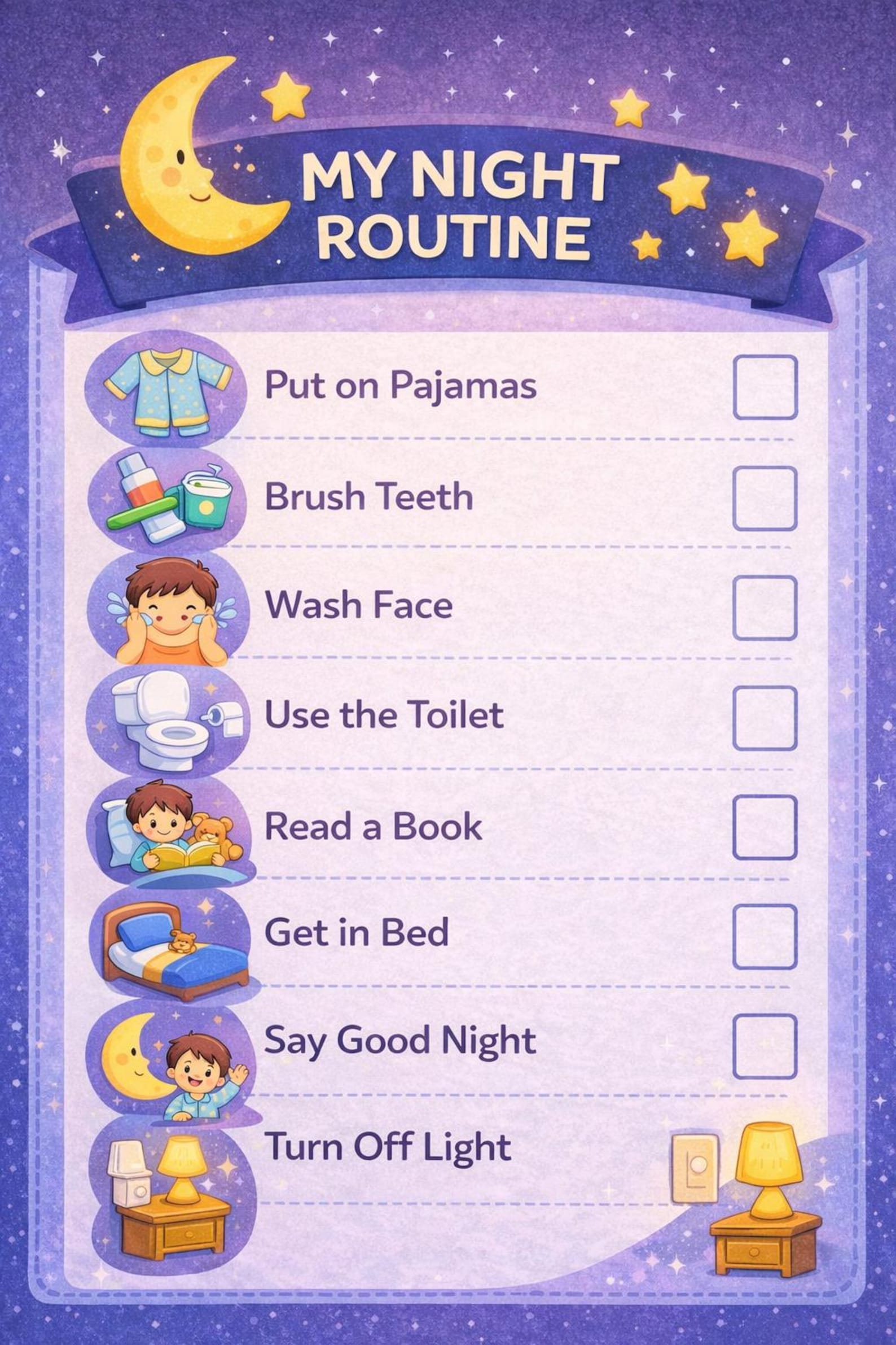 Kids Night Routine Chart Printable, Bedtime Routine for Toddlers ...