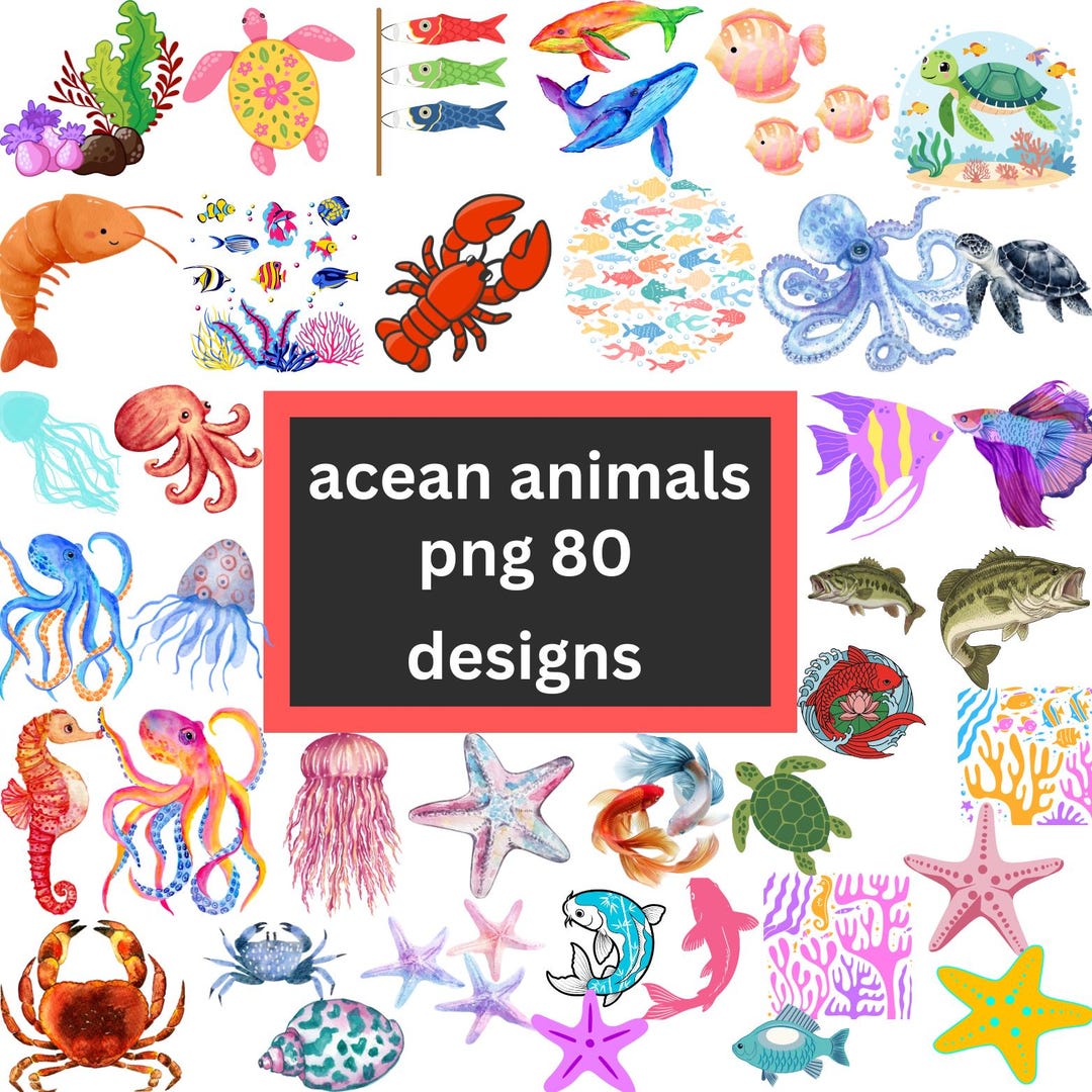 Ocean Animals PNG Bundle 80 Designs | Sea Life Clipart Set | Watercolor ...