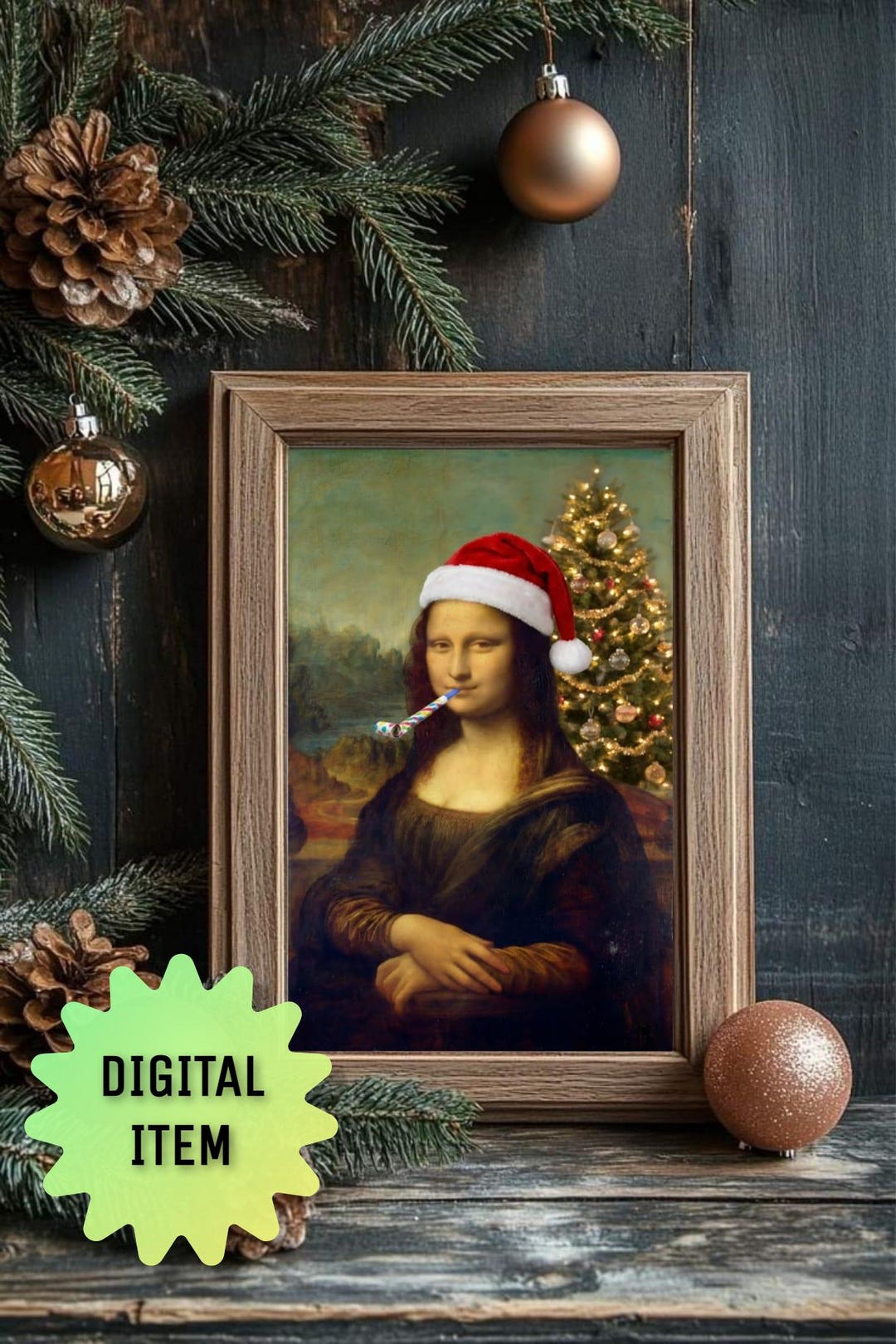 Mona Lisa Wall Art, Christmas Digital Print, Funny Santa Hat Mona Lisa ...