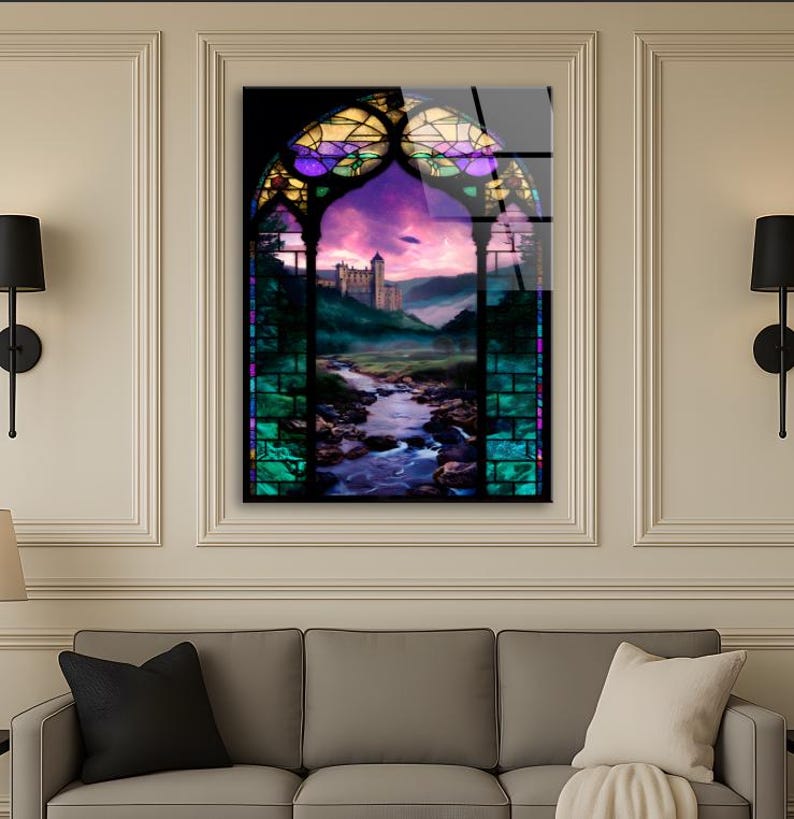 Gothic Castle Landscape Canvas Print: Stained Glass Window Art ...