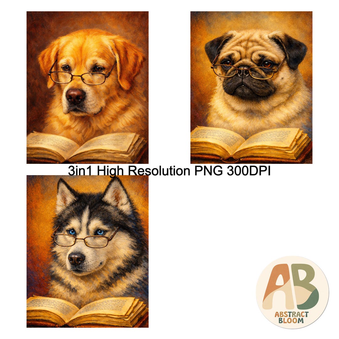 Dogs Reading a Book Wall Art Printable | Cute Dogs Portrait Print ...