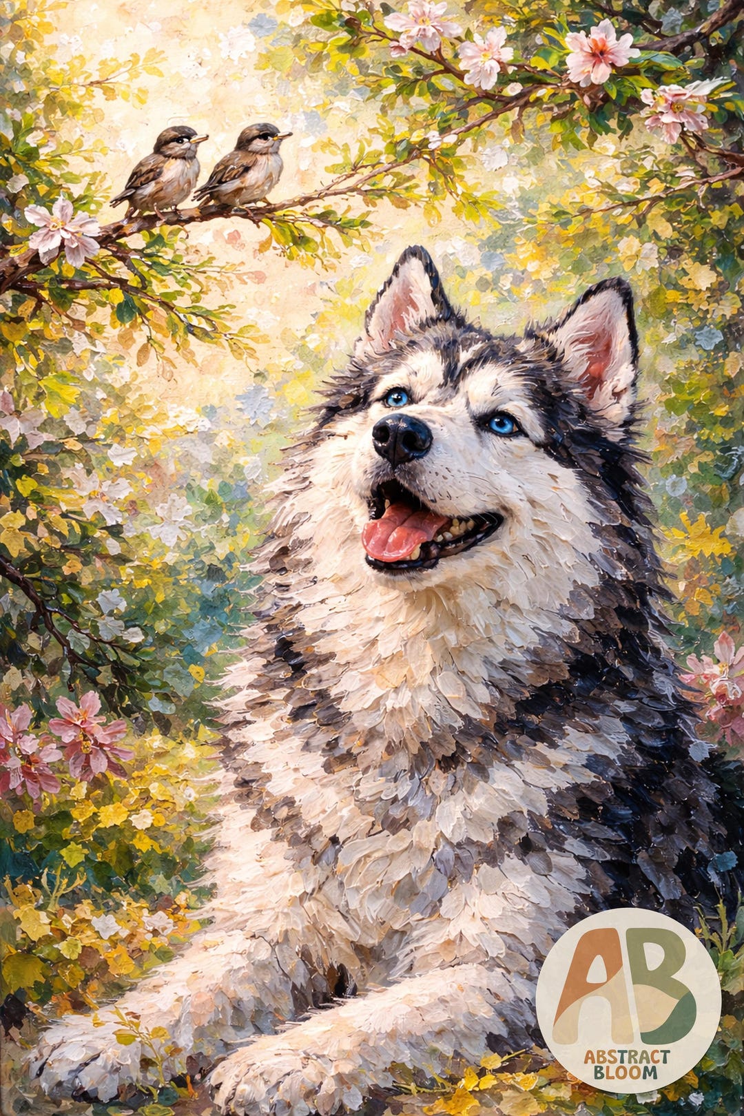 Siberian Husky Wall Art, Floral Nature Dog Painting With Birds ...