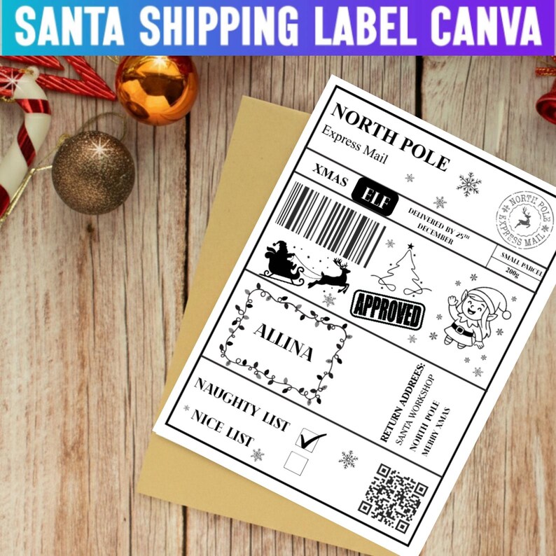 Editable Santa Shipping Label Template, Christmas Mailing Labels (canva) - Etsy