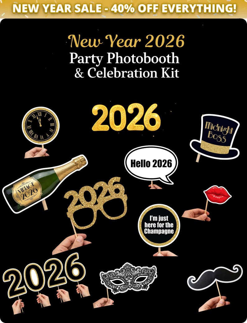 New Year 2026 Photobooth Props, Black and Gold Party Decorations ...