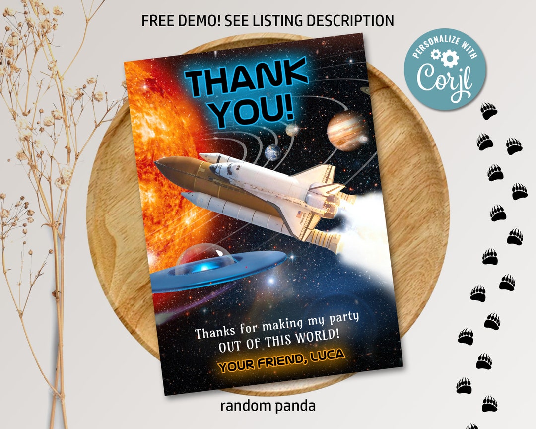Editable Outer Space Astronaut Bday Party Thank You Card UFO Spaceship ...