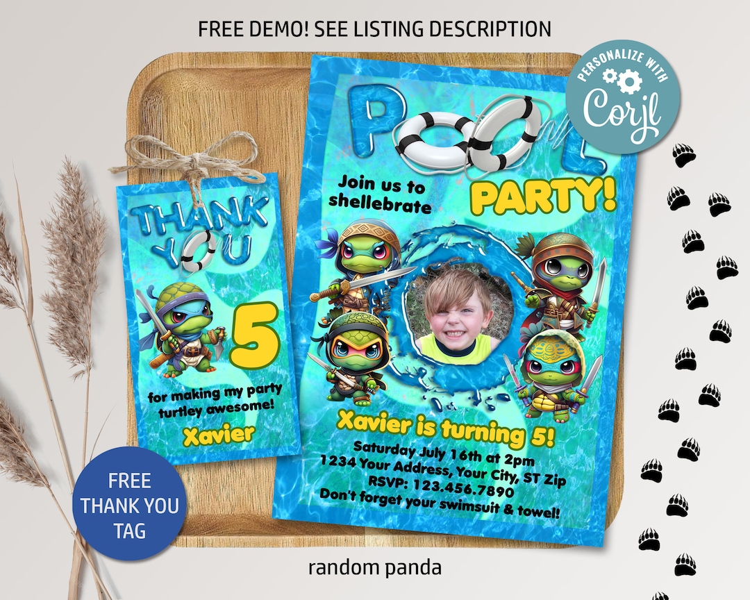 Editable Superhero Turtles Bday Pool Party Invitation Ninja Baby Turtle ...