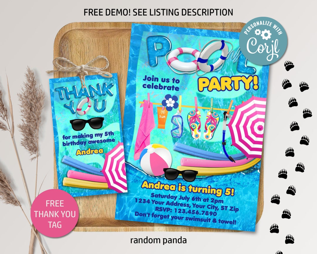 Editable Sunglasses Floaties Pool Party Invitation Pink Beach Ball Swim ...