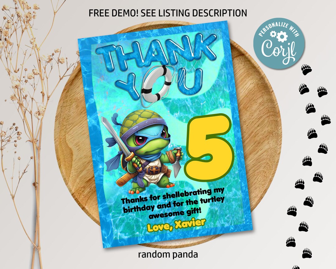 Editable Superhero Turtle Bday Pool Party Thank You Card Ninja Baby ...