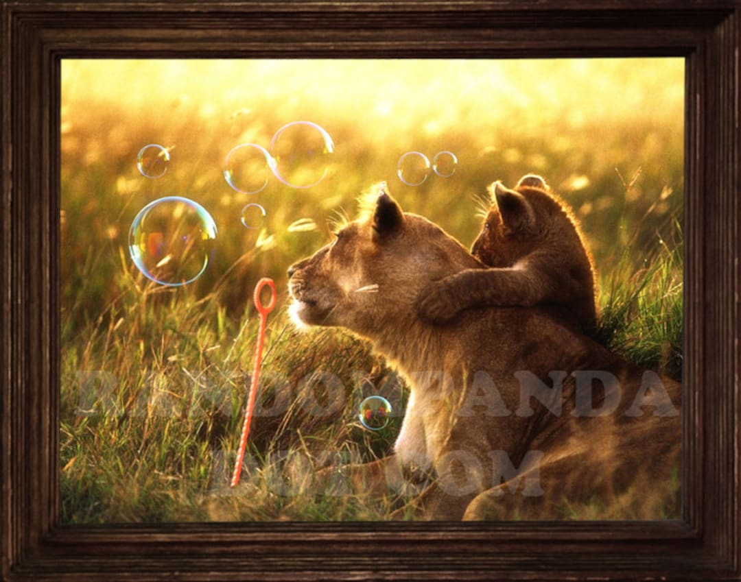 DIGITAL FILE, Lion and Cub Blowing Bubbles, Cute Safari Printable ...
