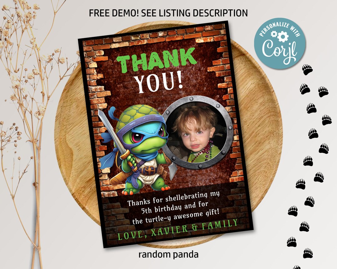 Editable Pirate Superhero Turtles Bday Party Thank You Card Ninja Baby ...