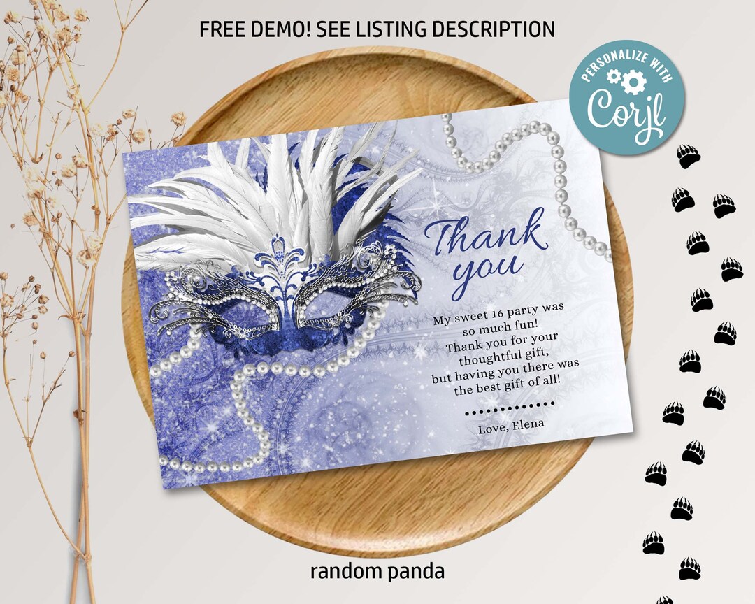 Editable Navy Blue Masquerade Birthday Thank You Card Blue Masquerade ...