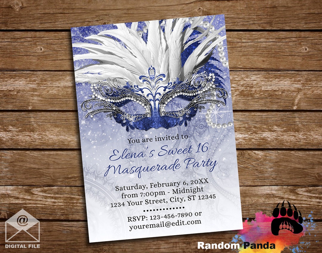 Digital Delivery, Navy Blue Masquerade Ball Birthday Invitation, Sweet ...