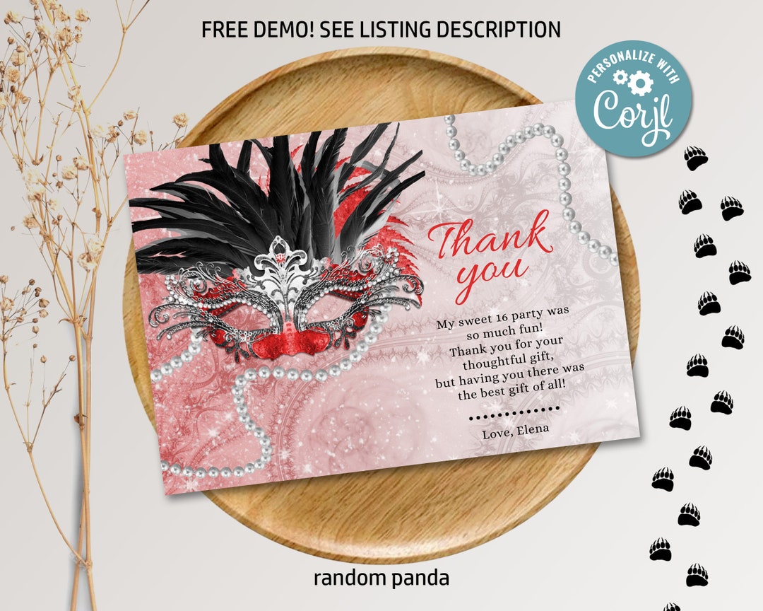 Editable Ruby Red Masquerade Birthday Thank You Card Red and Black Masquerade Ball Thanks Note ...