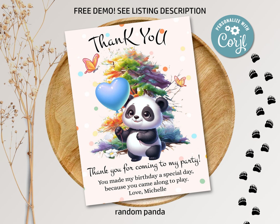 Editable Baby Panda Bears Bday Thank You Card Blue Balloon Panda Party ...