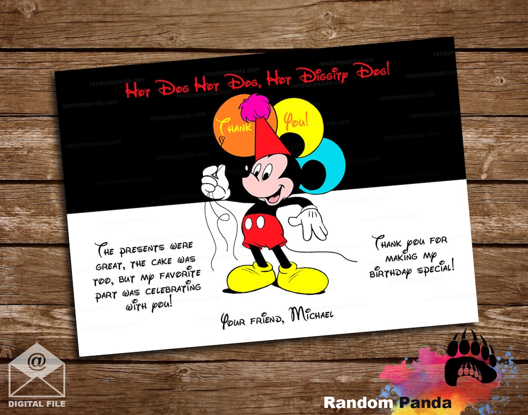 Digital Delivery, Mickey Mouse Thank You Card, Mickey Mouse Party Thank ...