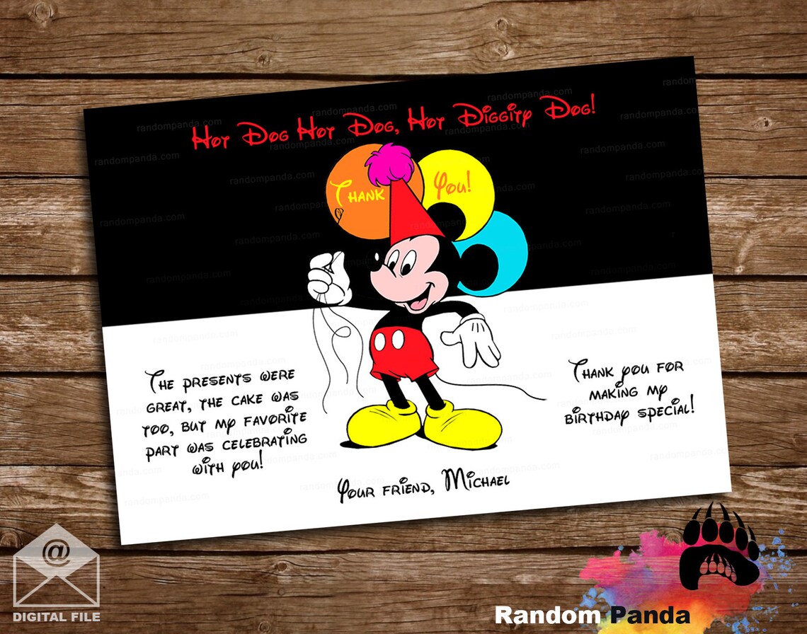 Digital Delivery, Mickey Mouse Thank You Card, Mickey Mouse Party Thank ...