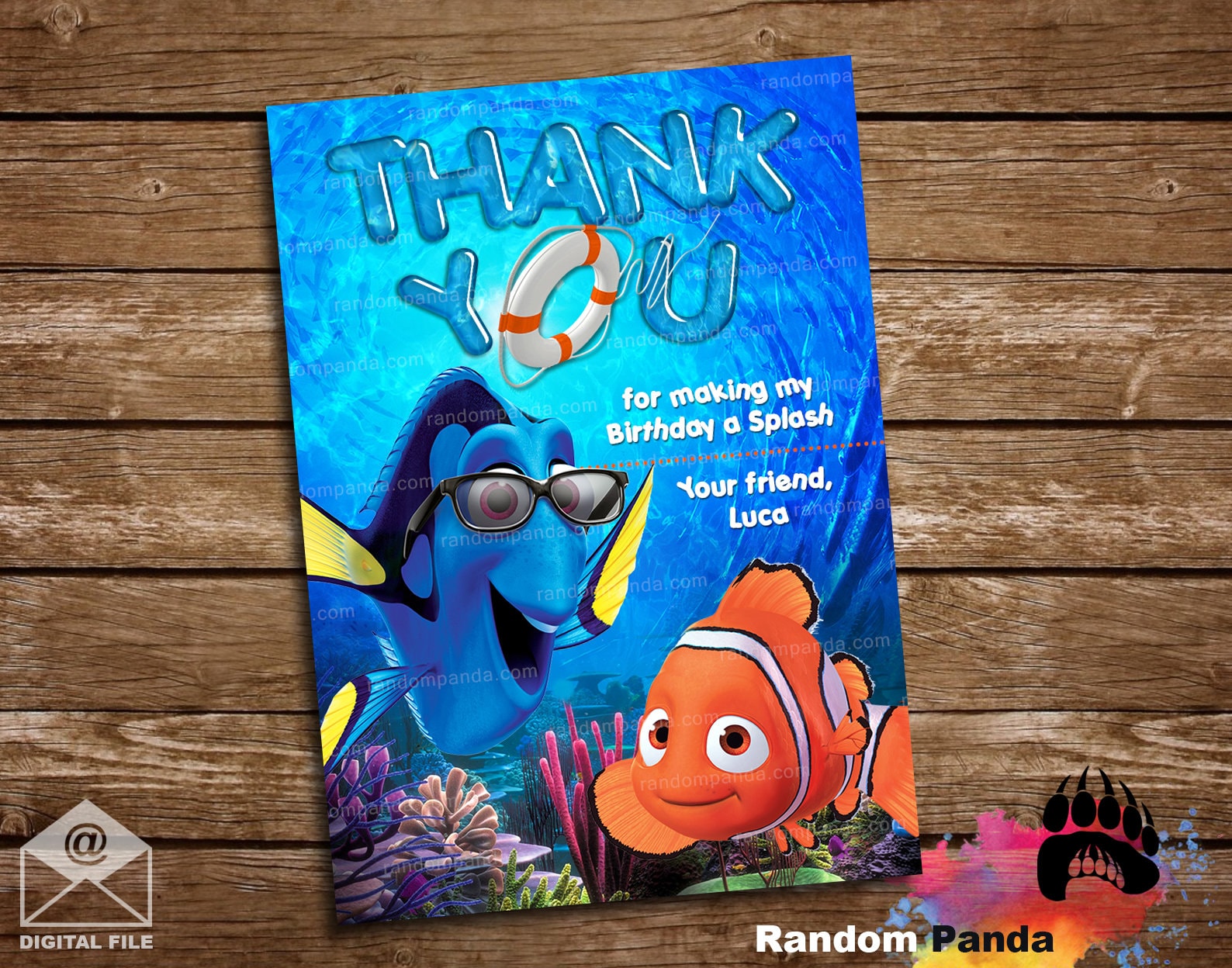 Digital Delivery, Finding Nemo Thank You Card, Dory Pool Party, Finding ...