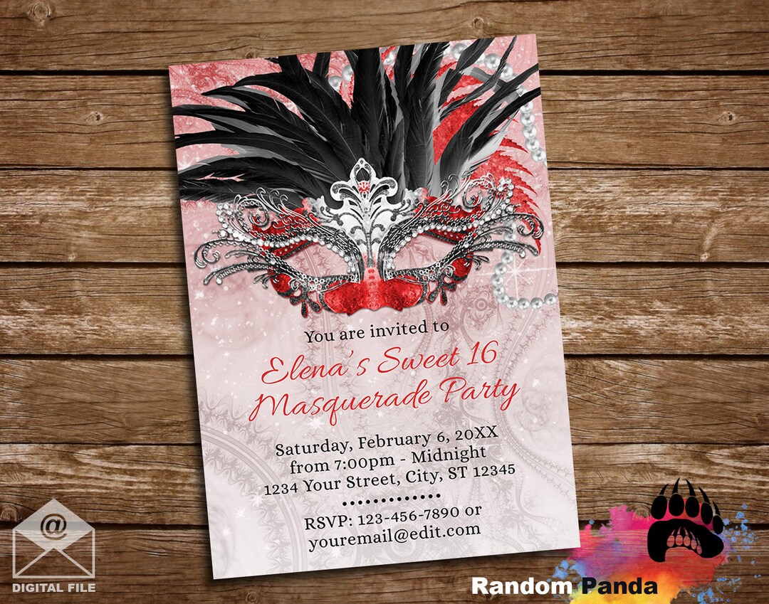 Digital Delivery, Red Masquerade Ball Invitation, Sweet 16 Party, Scarlet Ruby Quinceañera ...