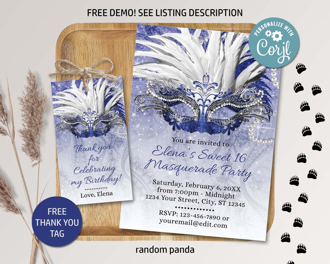 Editable Navy Blue Masquerade Birthday Invitation Dark Blue Masquerade ...