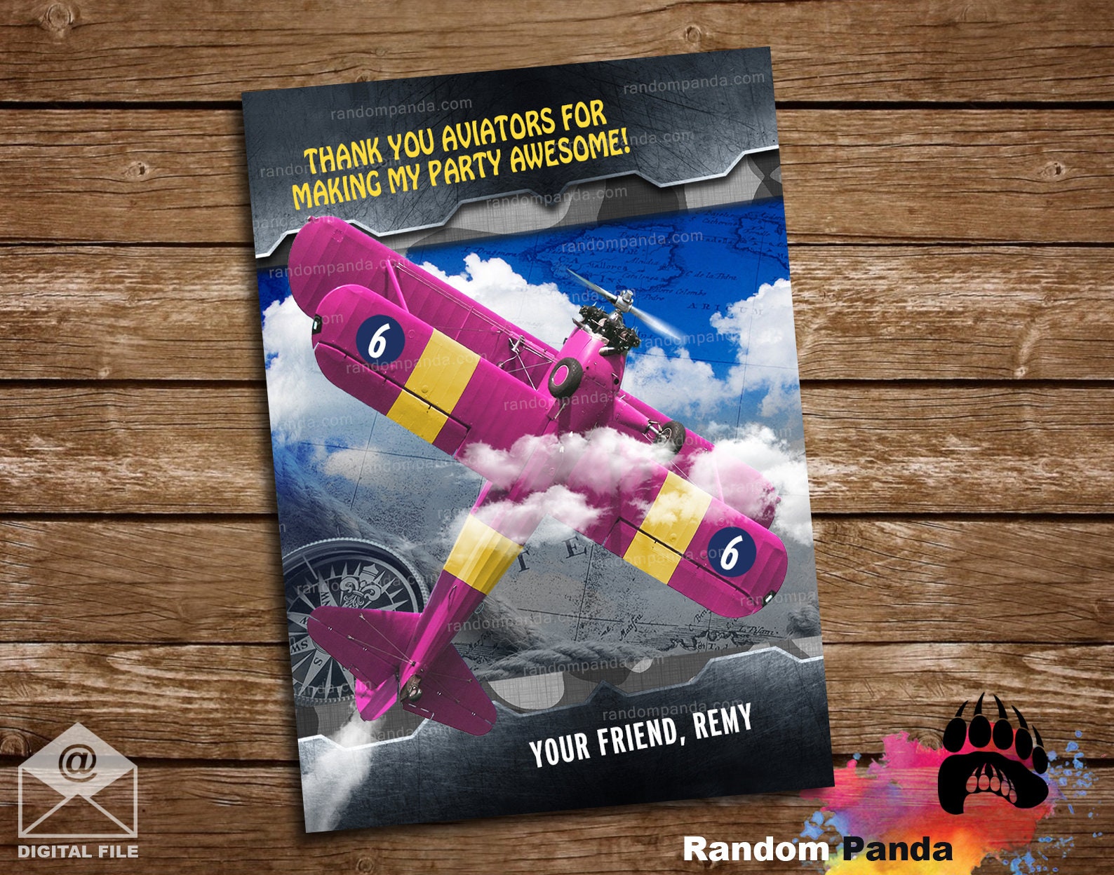 Digital Delivery, Airplane Pilot Thank You Card, Pink Aviator Party ...