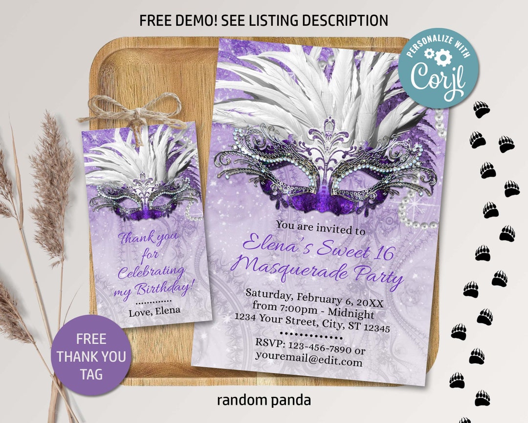 Editable Purple Masquerade Birthday Invitation Violet Masquerade Ball ...