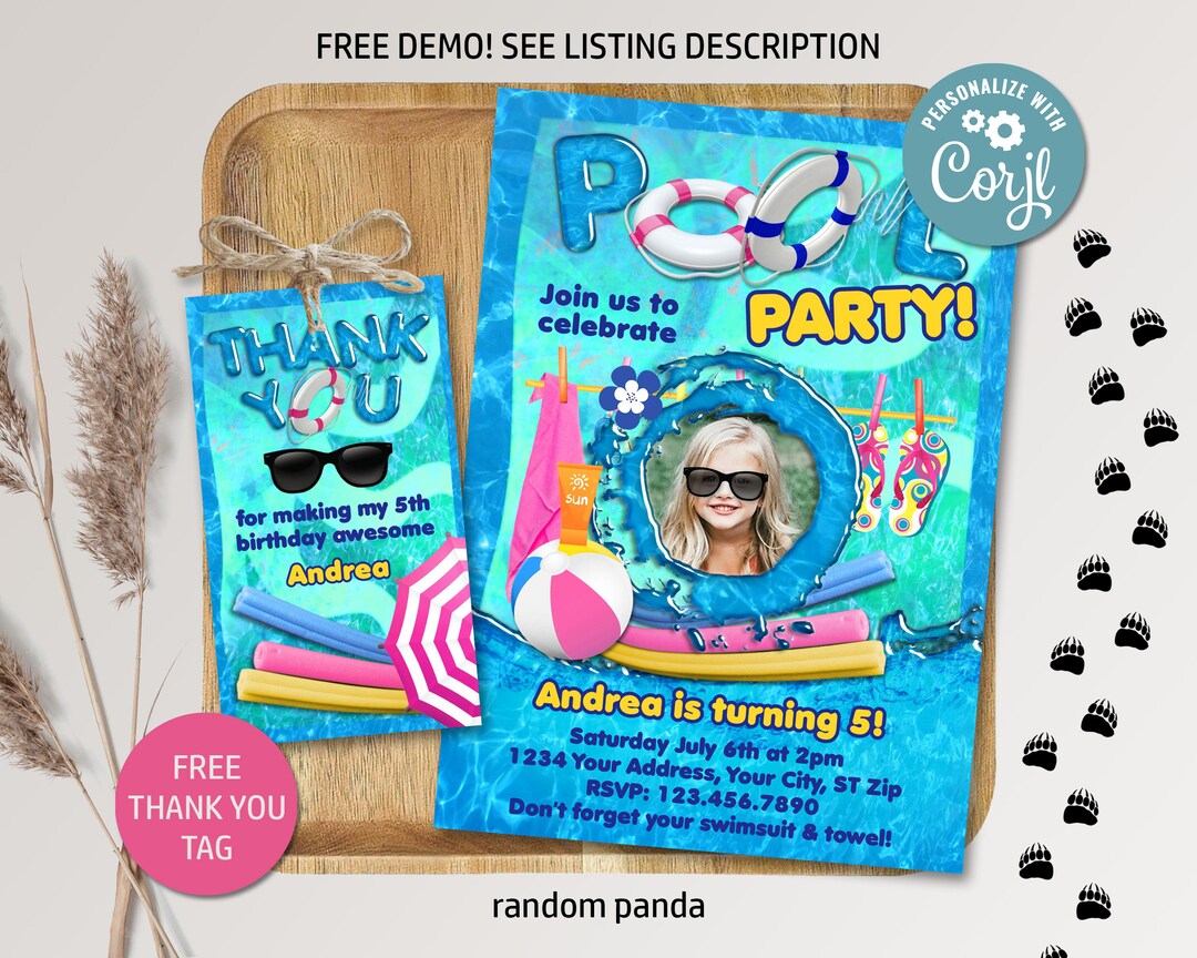 Editable Sunglasses Pink Floaties Pool Party Invitation Beach Ball Swim Goggles Birthday Invite ...