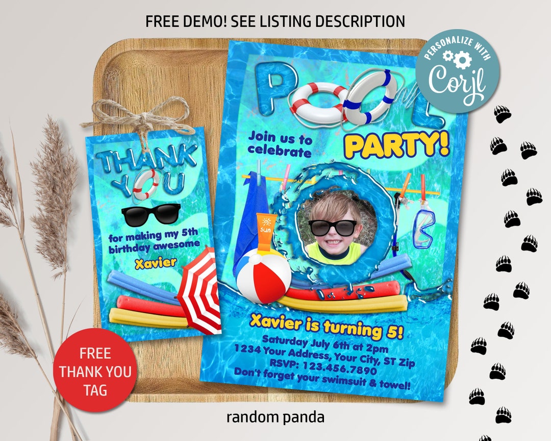 Editable Sunglasses Floaties Pool Party Invitation Beach Ball Swimming ...