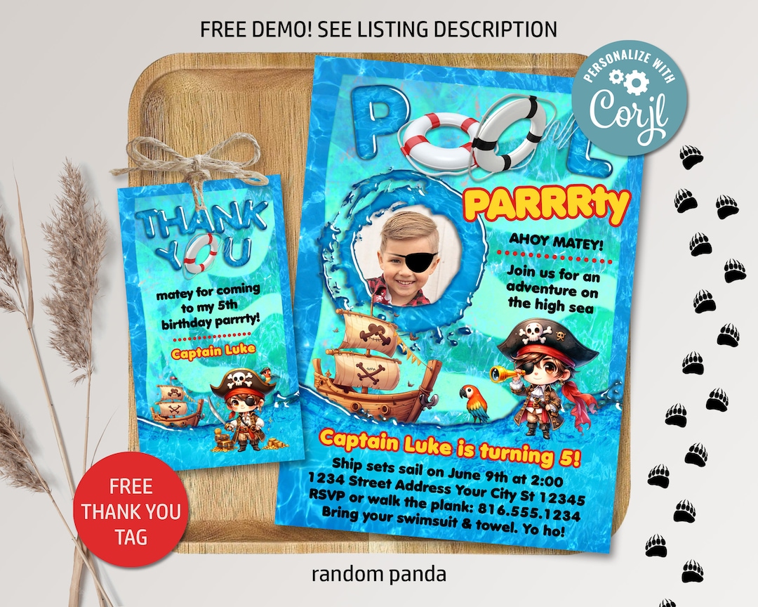 Editable Funny Eye Patch Pirate Pool Party Invitation Pirate Ship ...