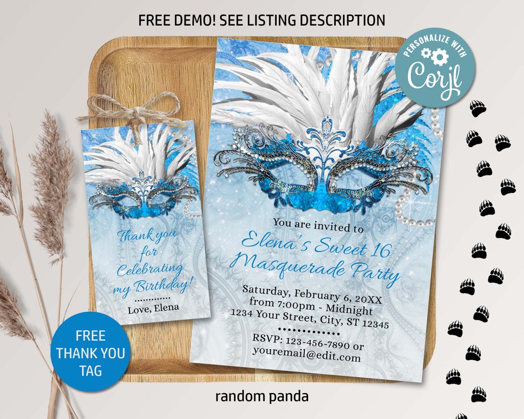 Editable Blue and Silver Masquerade Birthday Invitation Blue Masquerade ...