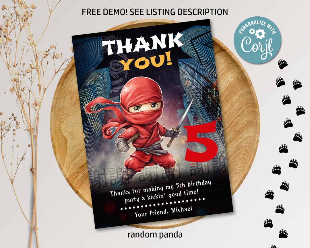 Editable Ninja Warrior Bday Party Thank You Card Martial Arts Fighting ...