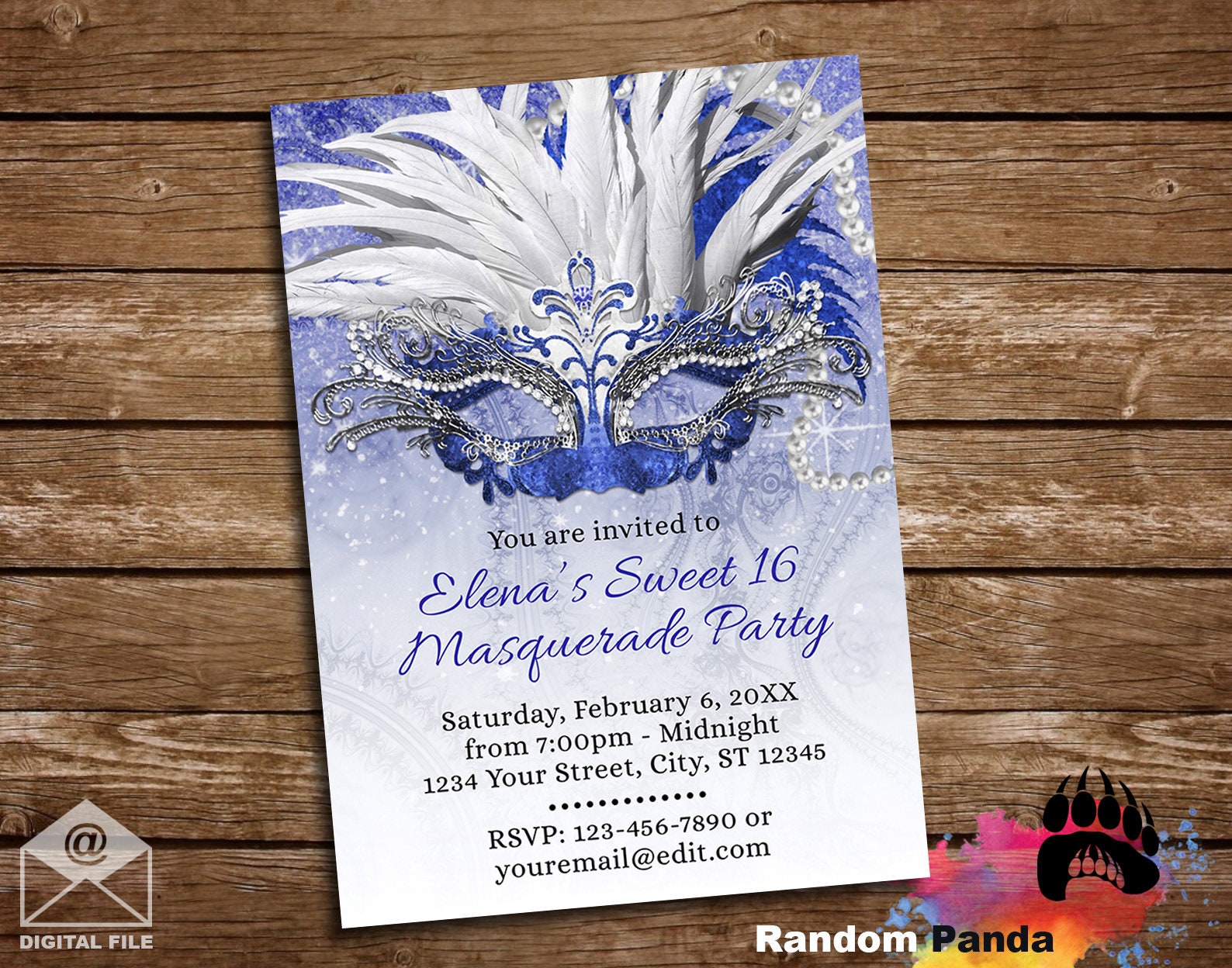 Digital Delivery, Royal Blue Masquerade Ball Invitation, Sweet 16 Party ...