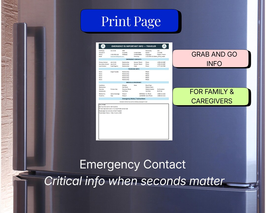 Travel Emergency Contact Sheet | Family Caregiver Info (digital ...