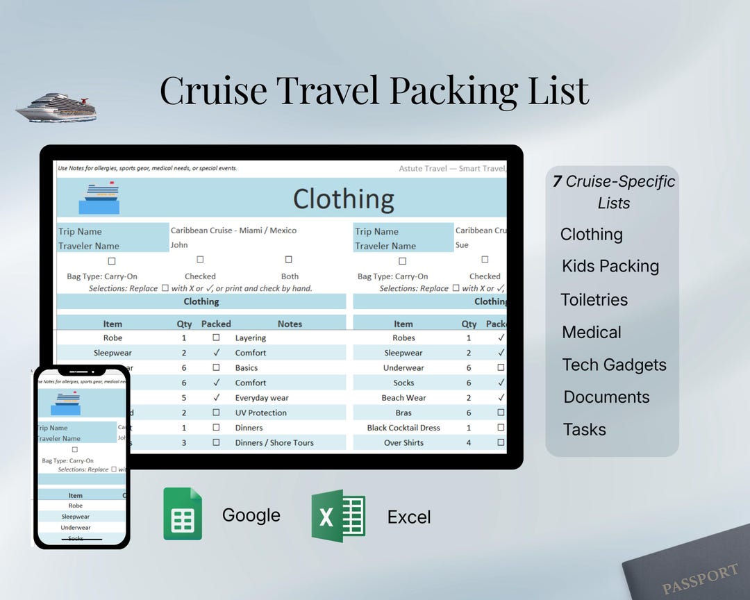 Cruise Packing List Spreadsheet | Excel, Google Sheets (digital ...