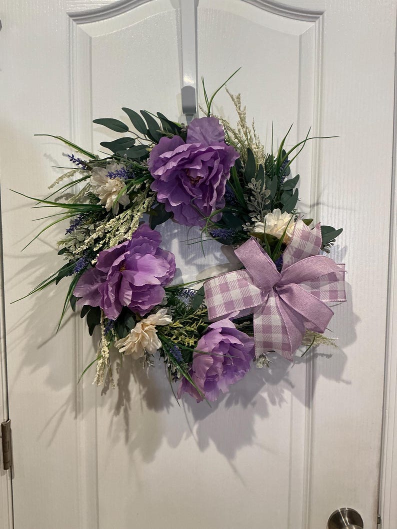 Lavender Peony Wreath: Farmhouse Floral Door Decor, Buffalo Plaid Bow ...