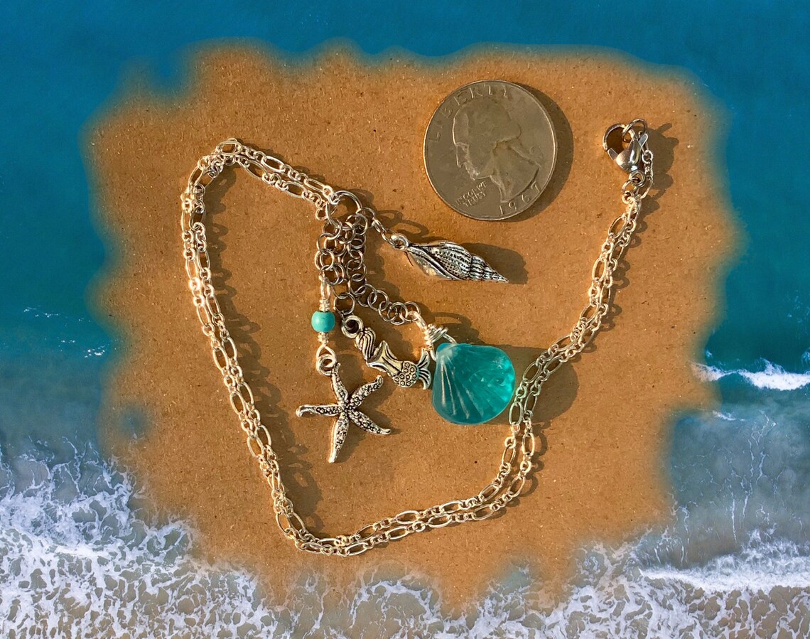 Beach shell necklace with turquoise sea glass shell mermaid | Etsy