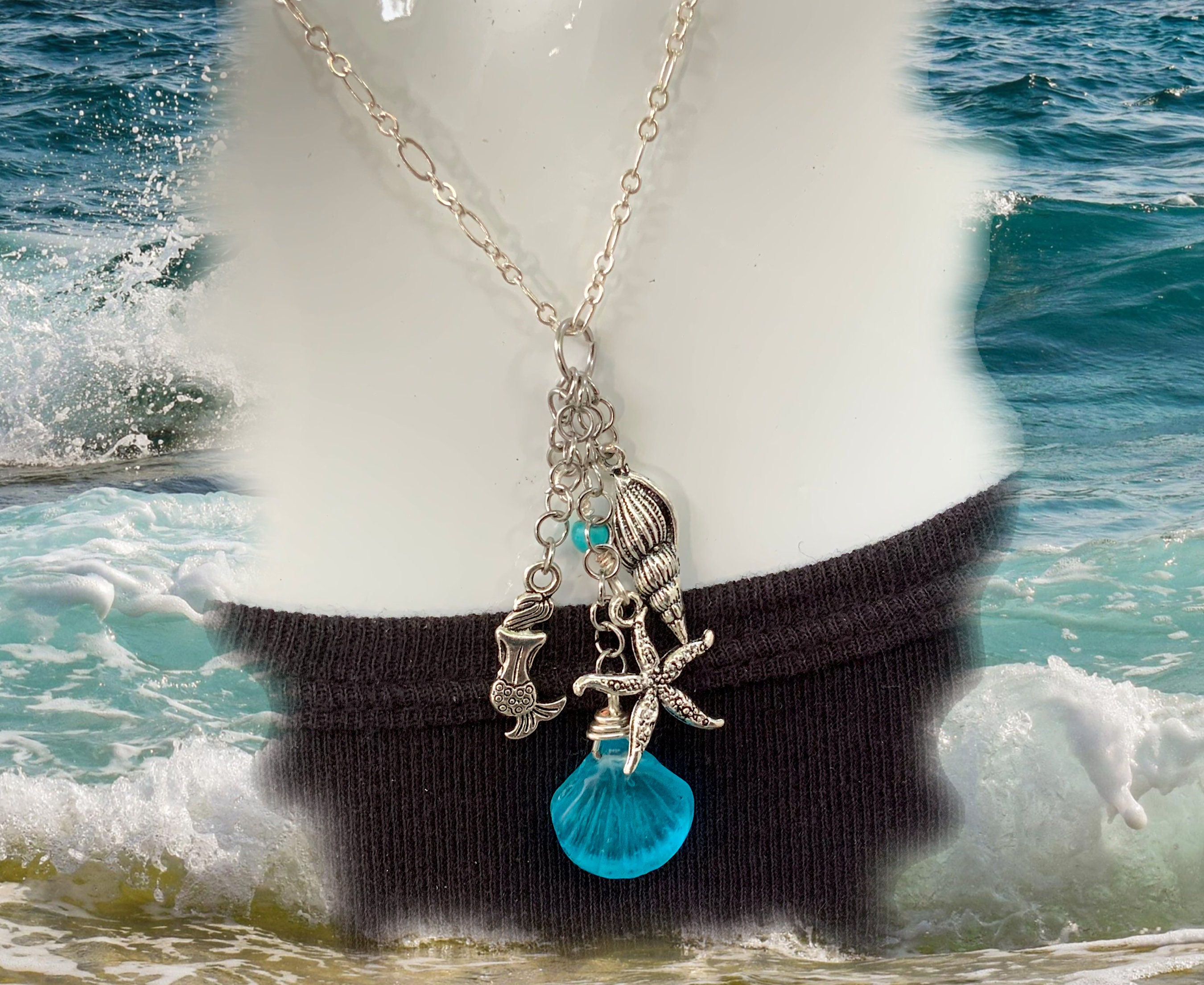 Beach shell necklace with turquoise sea glass shell mermaid | Etsy